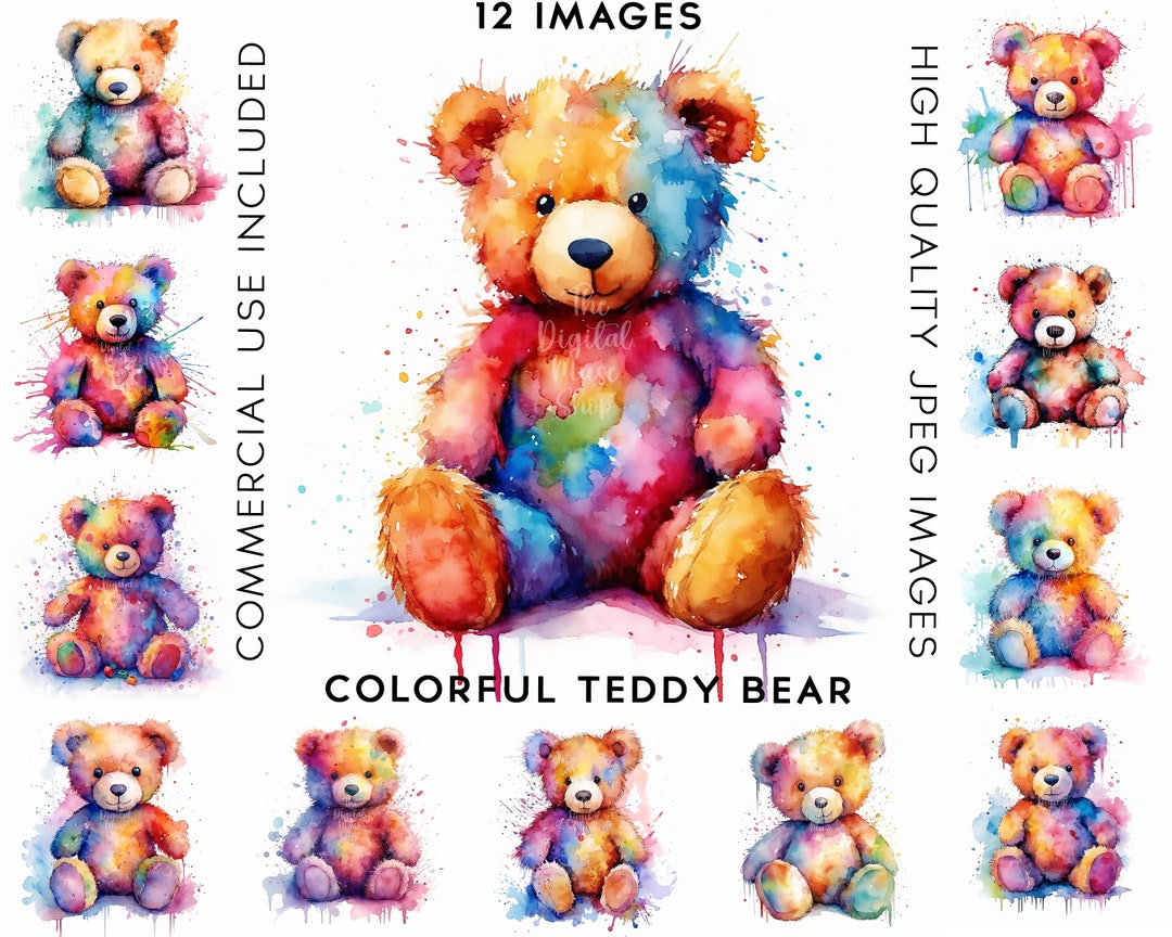 Colorful Teddy Bear Clipart, 12 High Quality Jpgs , Watercolor Clipart ...