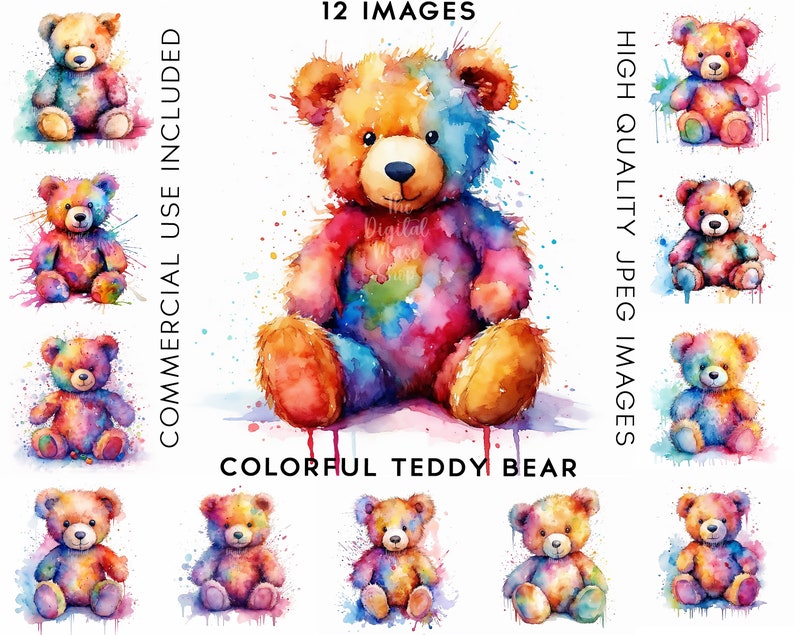 Colorful Teddy Bear Clipart 12 High Quality Jpgs Watercolor - Etsy