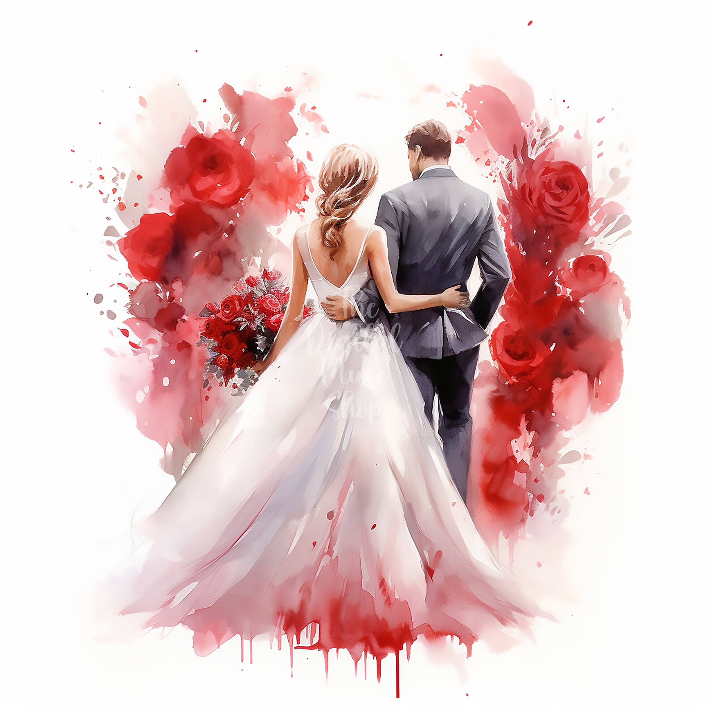 Bride and Groom Clipart Red Heart Clipart Watercolor Wedding - Etsy