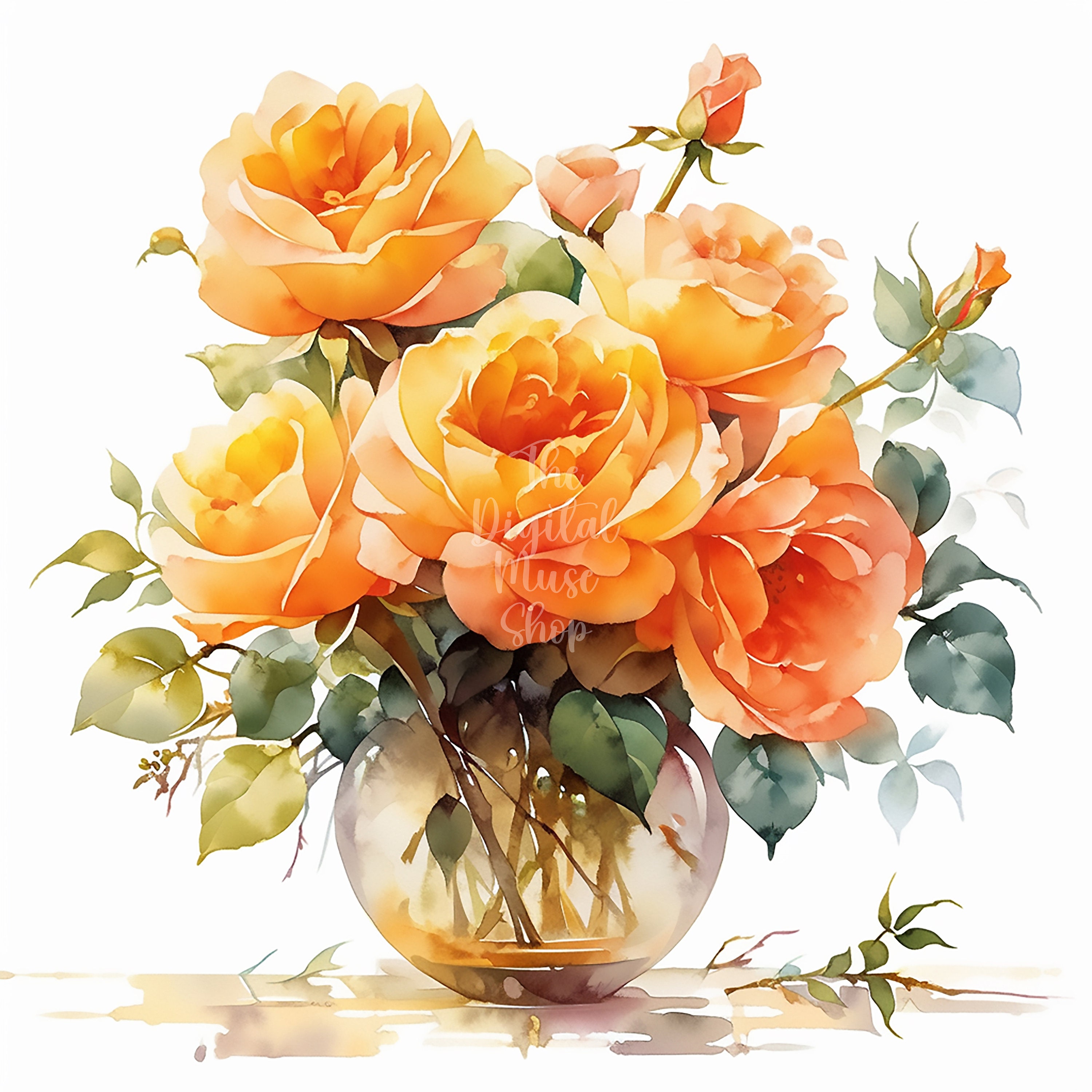 Vase of Orange Roses Clipart Watercolor Flowers Clipart Commercial Use ...