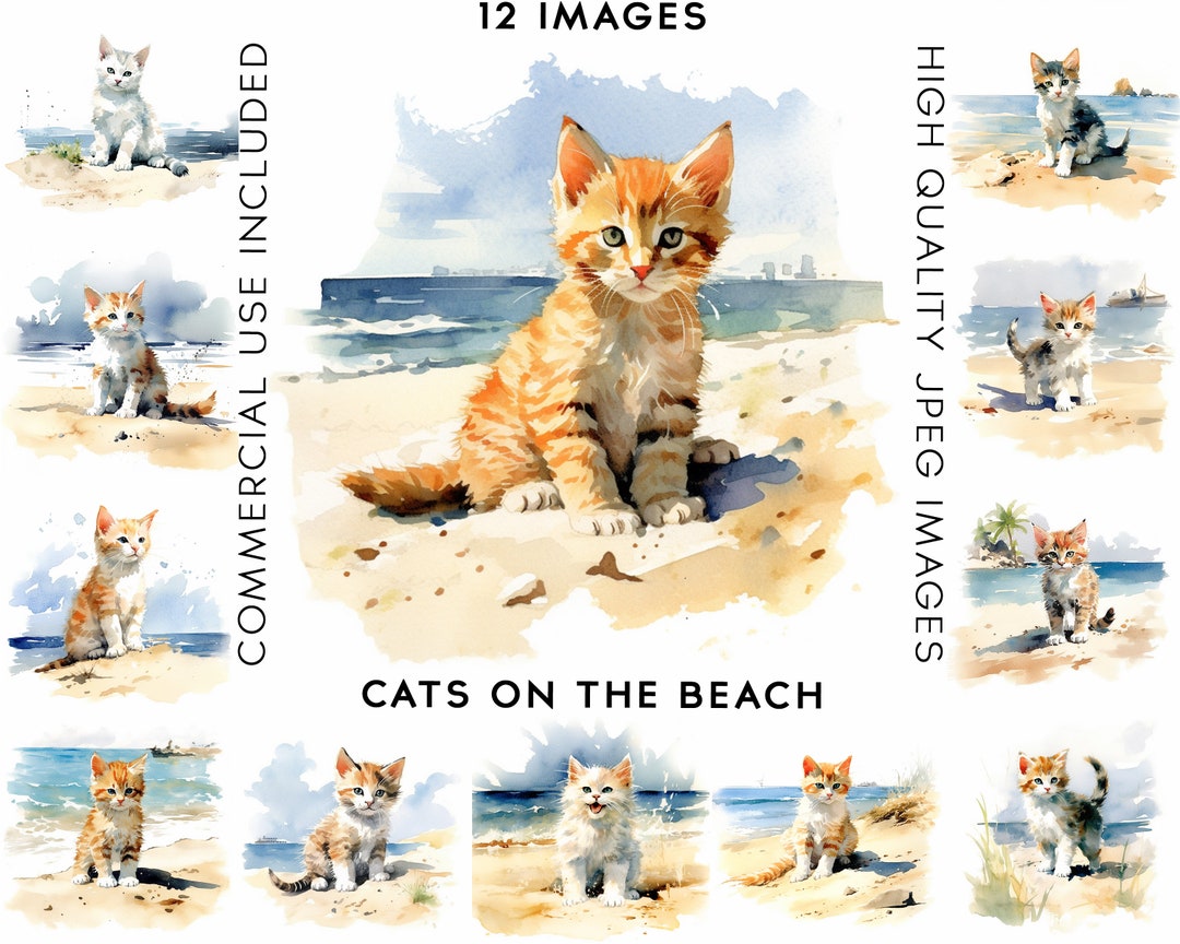 Cats on the Beach Clipart, 10 High Quality Jpgs , Watercolor Clipart ...