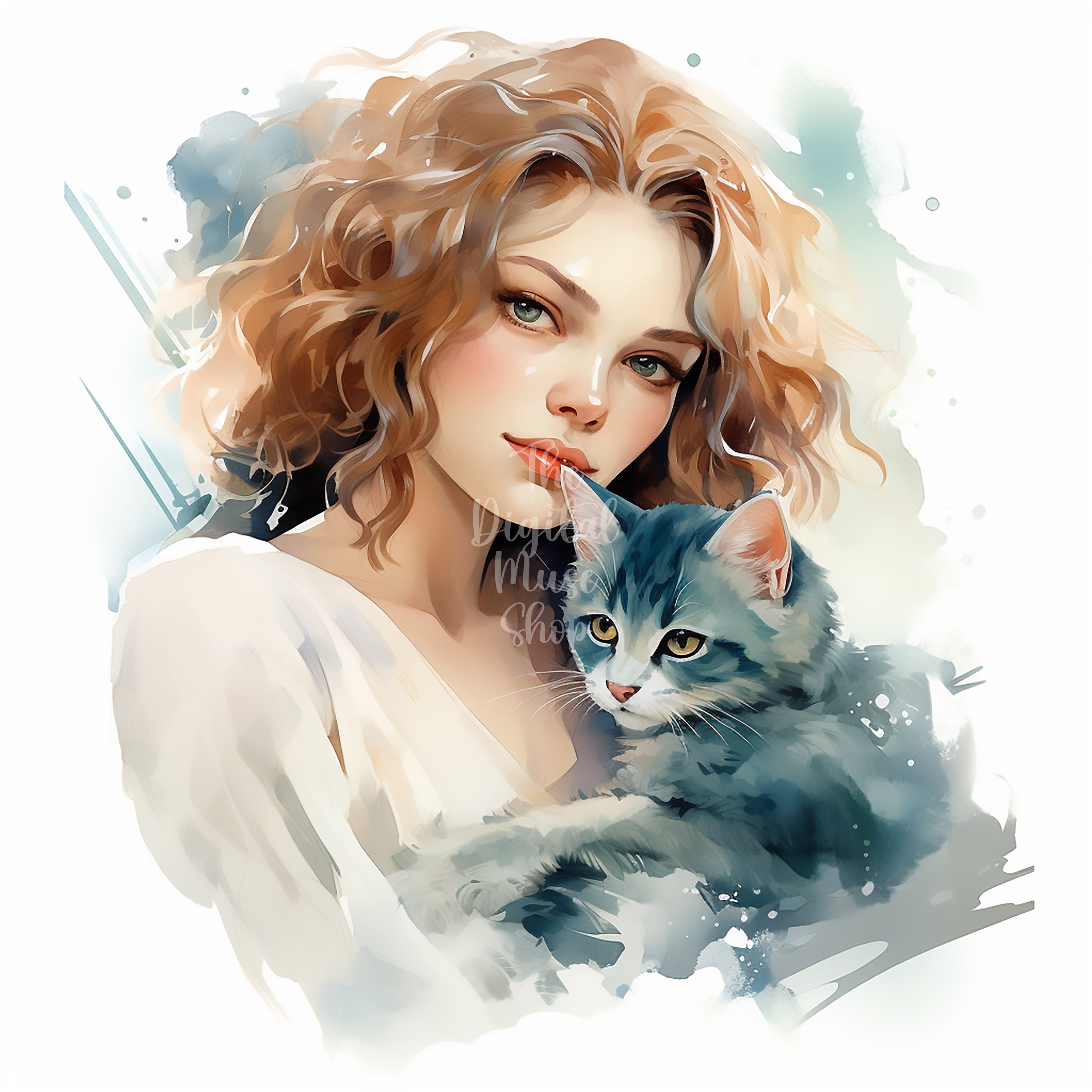 Watercolor Girl With Cat Clipart Digital Download Cat Clip Art - Etsy