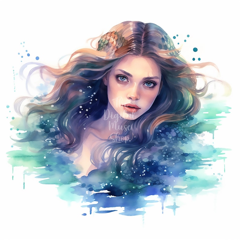 Mermaid Portrait Clipart, 10 High Quality Jpgs, Watercolor Clipart ...