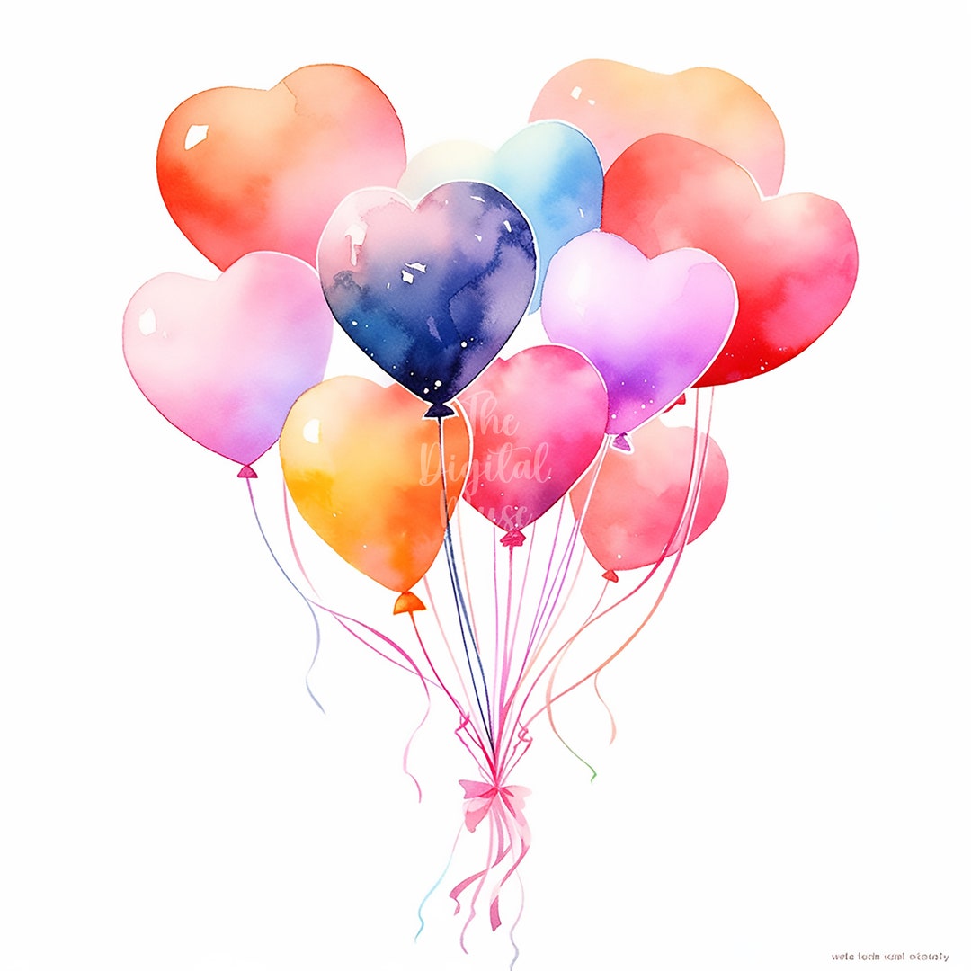 Watercolor Balloons Clipart Heart Balloon Digital Image for Card Making ...
