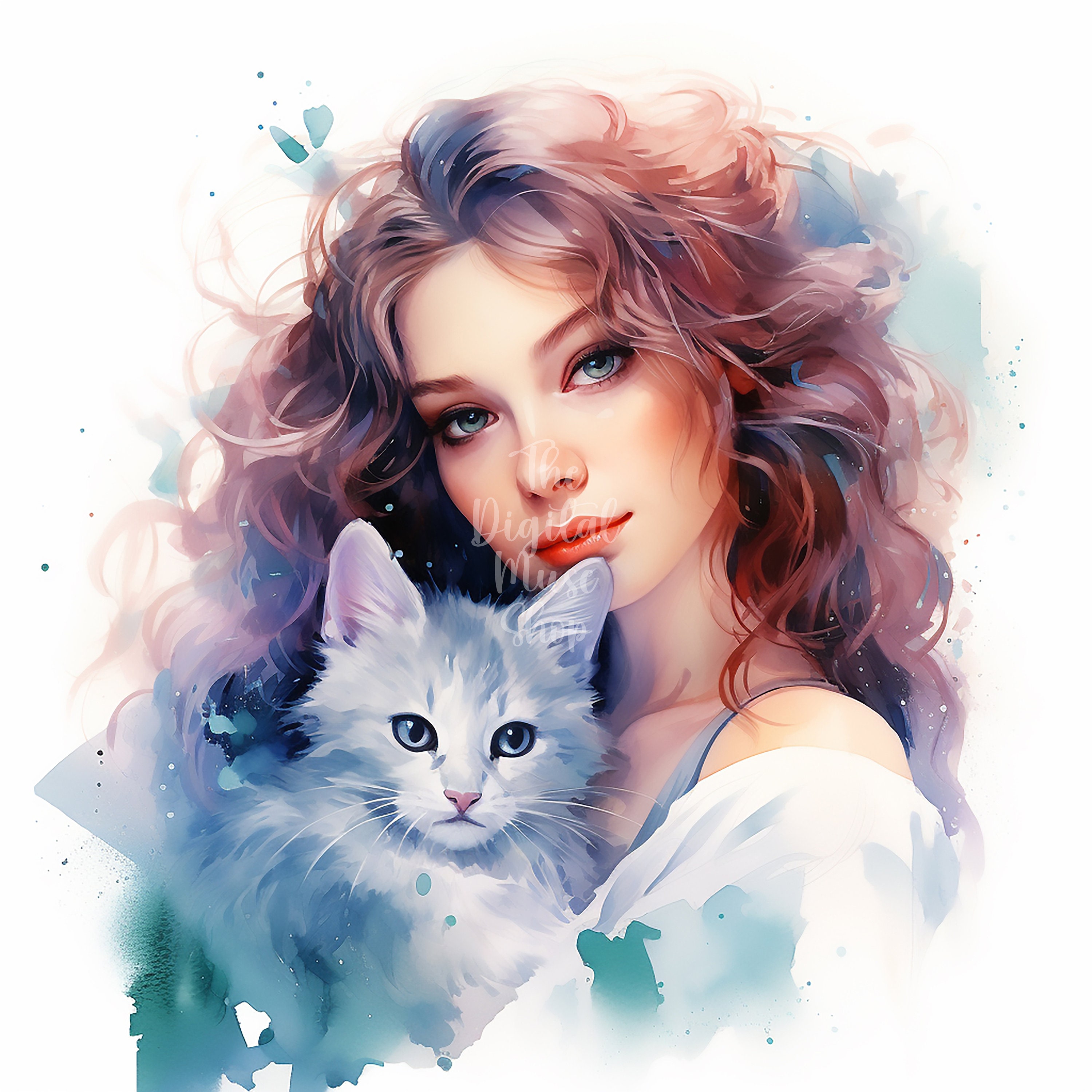 Watercolor Girl With Cat Clipart Digital Download Cat Clip Art - Etsy