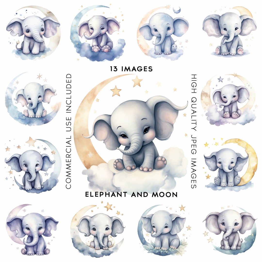 Watercolor Elephant Clipart Moon Clip Art Childrens Book Elephant ...