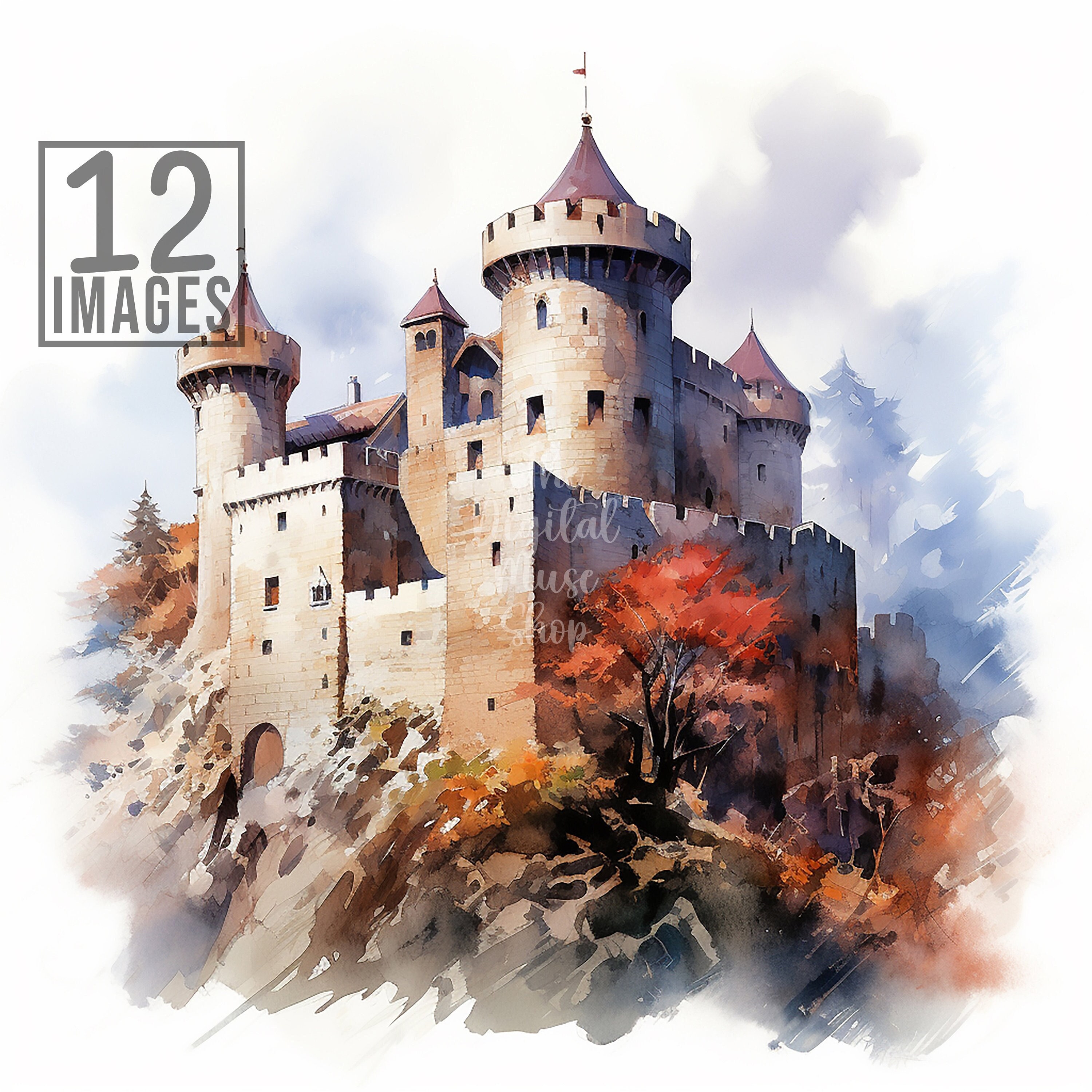 Medieval Castle Clipart, 12 High Quality Jpgs, Watercolor Clipart ...