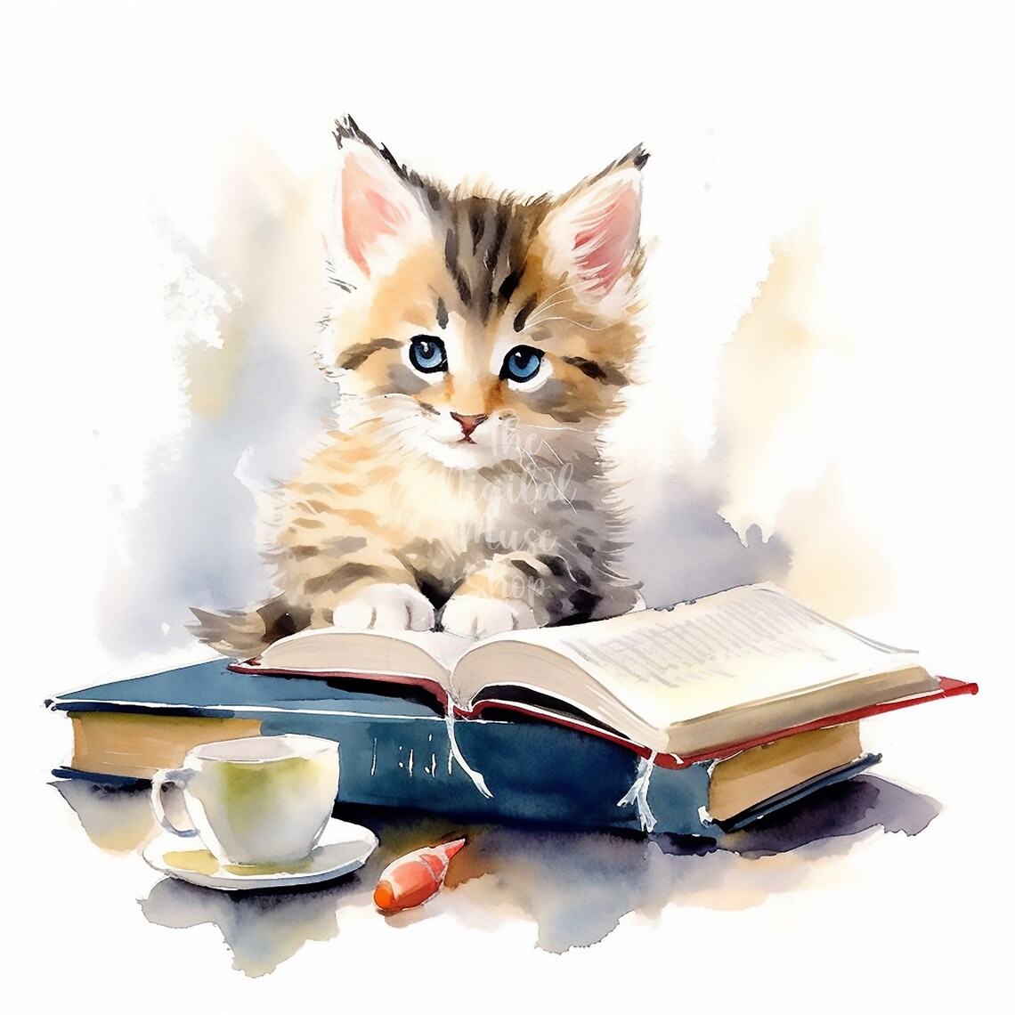 Kitten and Books Clipart 10 High Quality Jpgs Watercolor Clipart ...