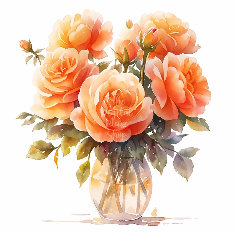 Vase of Orange Roses Clipart Watercolor Flowers Clipart Commercial Use ...