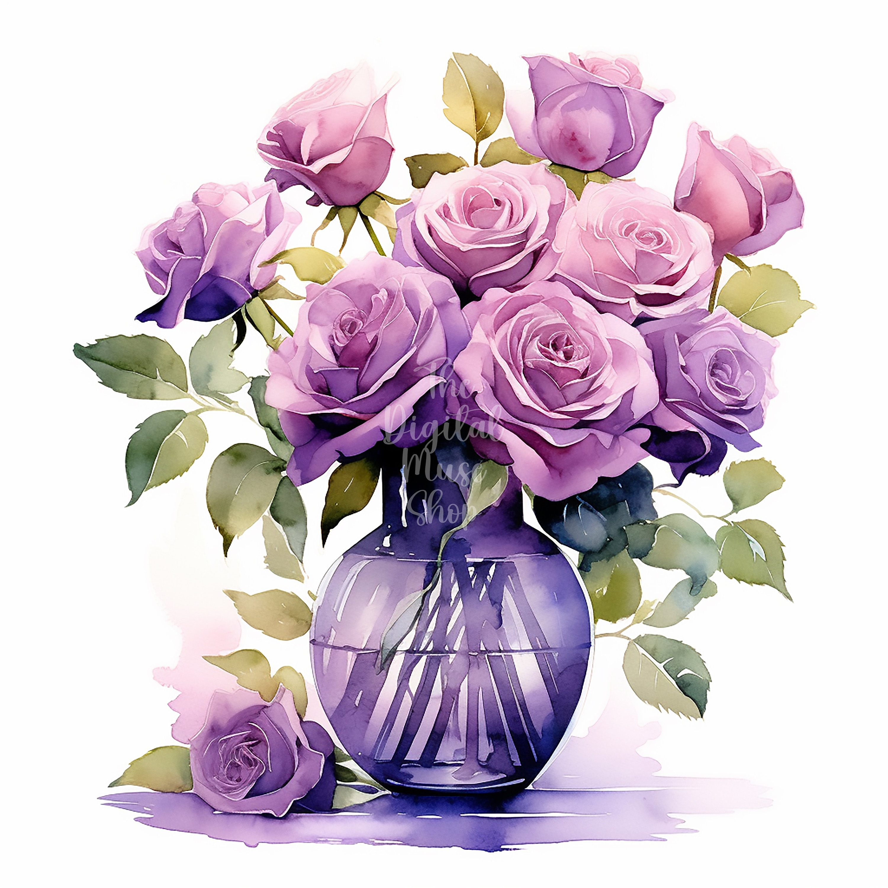 Vase of Purple Roses Clipart Watercolor Flowers Clipart Commercial Use ...