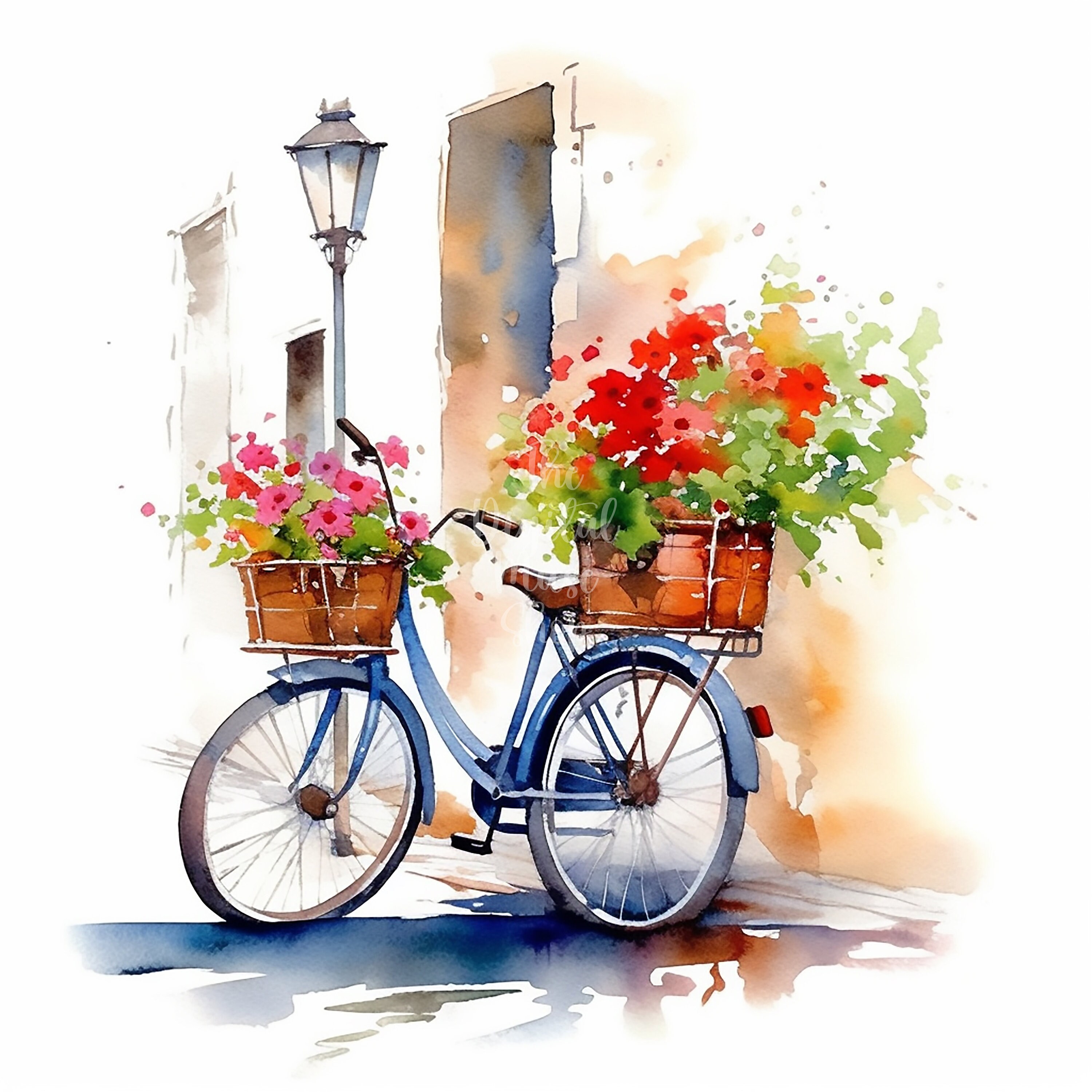 Bicycle With Flowers Clipart, 12 High Quality Jpgs, Clip Art Watercolor ...