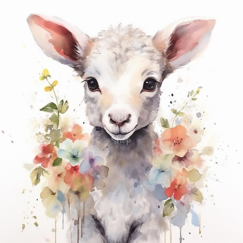 Lamb With Flowers Clipart 10 High Quality Jpgs Watercolor - Etsy