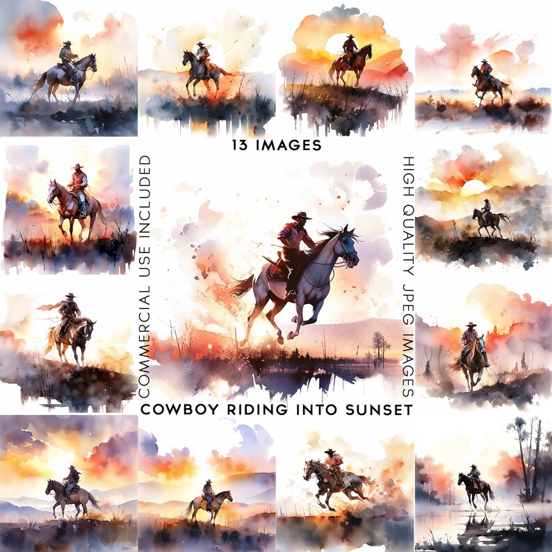 Cowboy Riding Horse Clipart Watercolor Cowboy Clipart Pack - Etsy