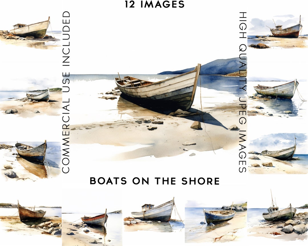 Boats on the Shore, 12 High Quality Jpgs, Watercolor Clipart, Clip Art ...