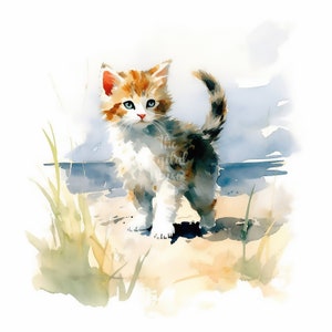Cats on the Beach Clipart, 10 High Quality Jpgs , Watercolor Clipart ...
