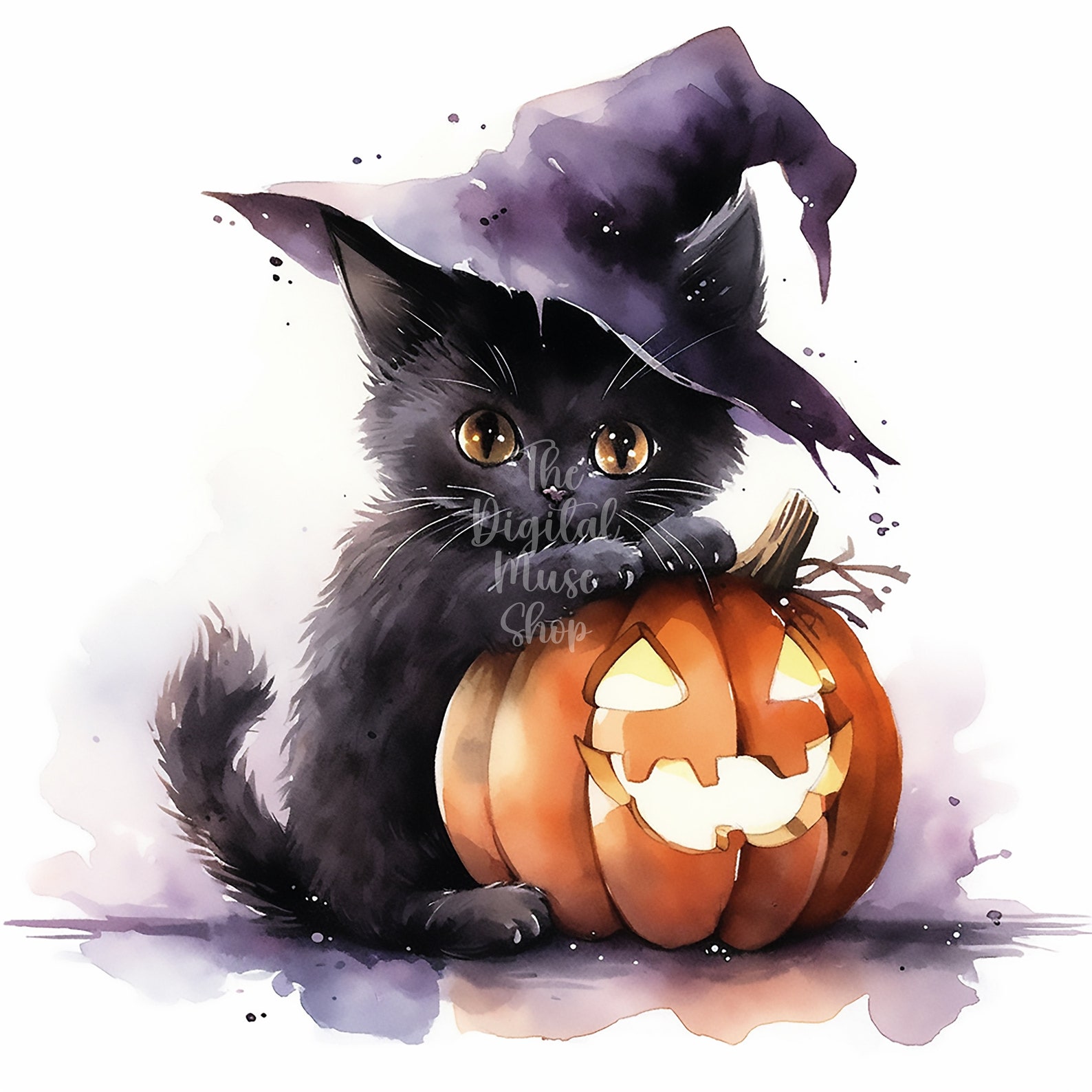 Halloween Witch Cat Clipart, 12 High Quality Jpgs, Watercolor Clipart ...