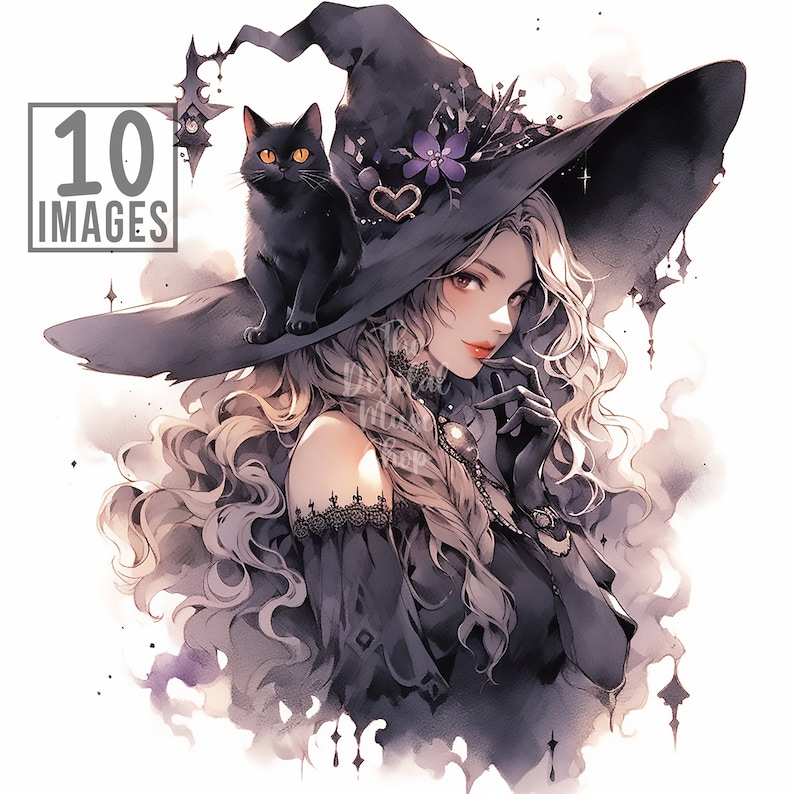 Witch Clipart Black Cat Clipart Watercolor Halloween Clipart - Etsy
