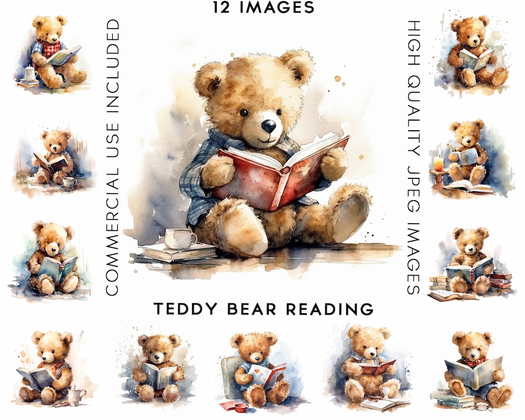 Teddy Bear Reading Clipart, 12 High Quality Jpgs , Watercolor Clipart ...