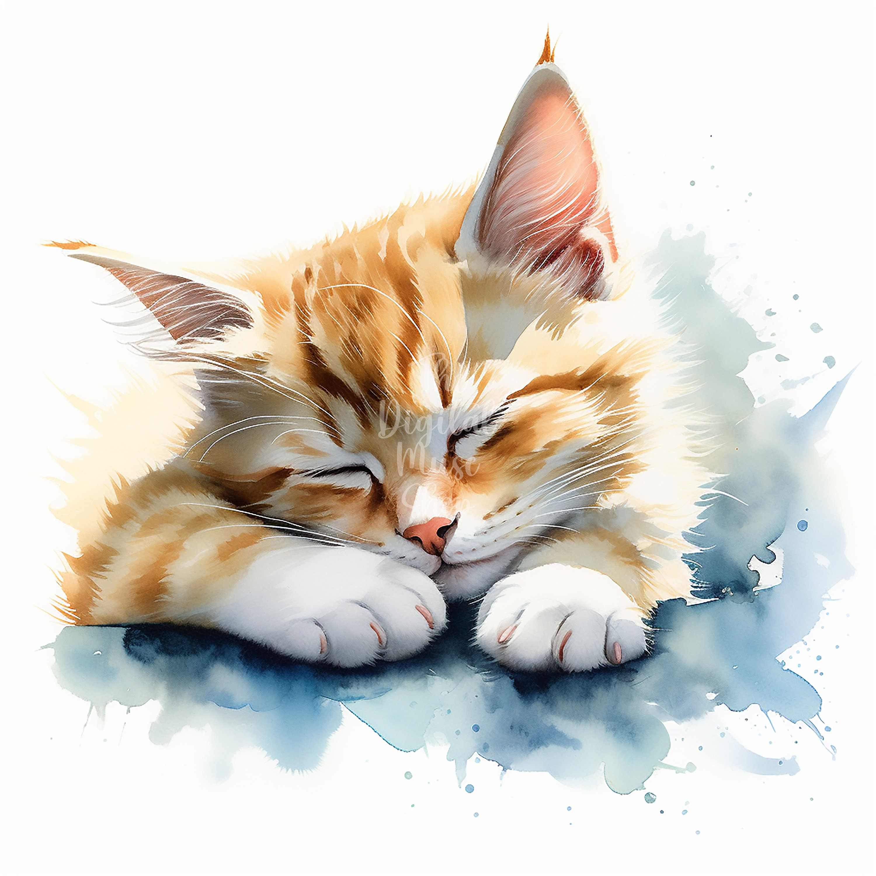 Sleeping Ginger Cat Clipart Watercolor Clipart Digital Art Card Making ...