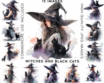 Halloween Witch Cat Clipart, 12 High Quality Jpgs, Watercolor Clipart ...