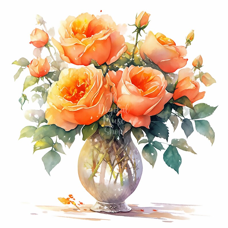 Vase of Orange Roses Clipart Watercolor Flowers Clipart Commercial Use ...