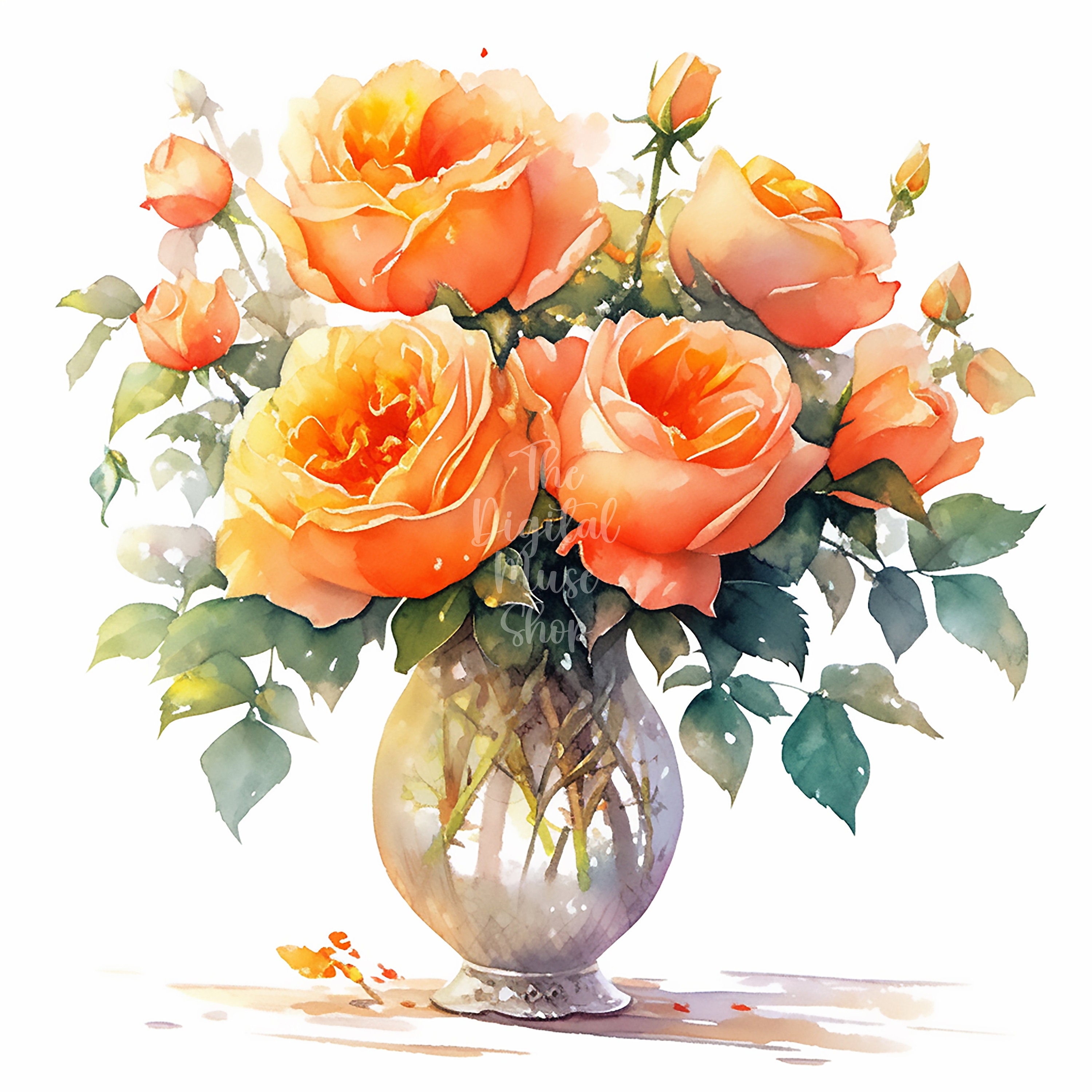 Vase of Orange Roses Clipart Watercolor Flowers Clipart Commercial Use ...