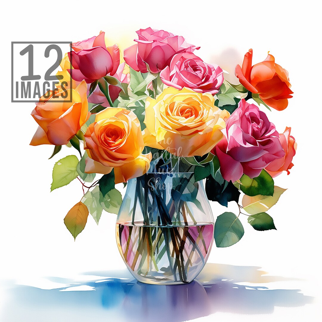 Vase of Colorful Roses Clipart, 12 High Quality Jpgs, Watercolor ...