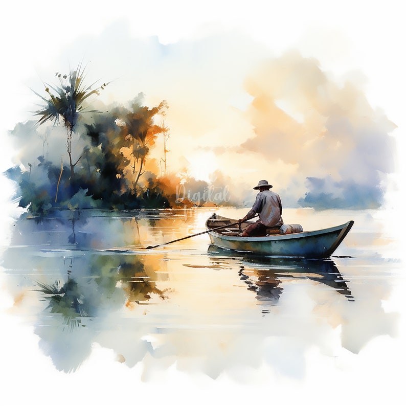 Fisherman Clipart Fishing Clipart Watercolor Digital Paper - Etsy