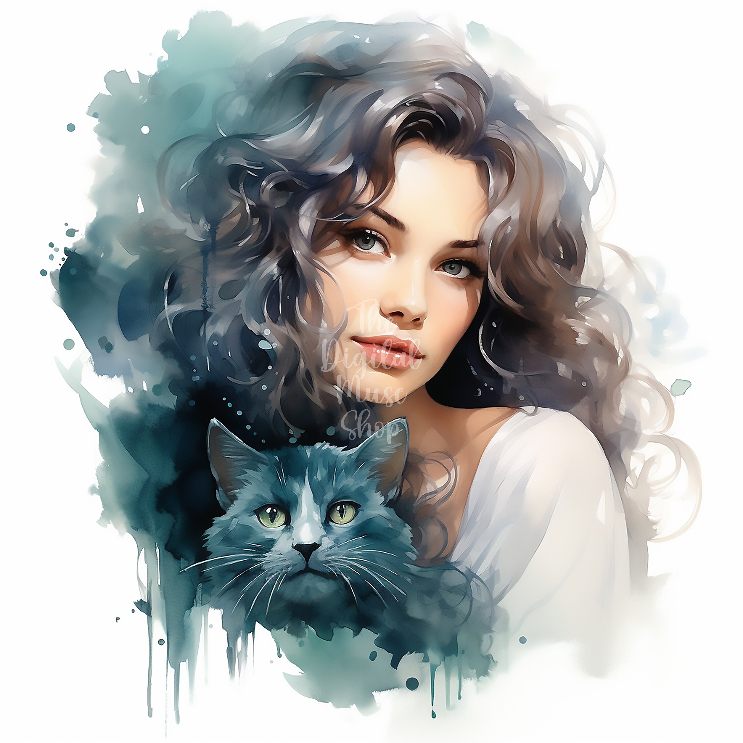 Watercolor Girl With Cat Clipart Digital Download Cat Clip Art - Etsy
