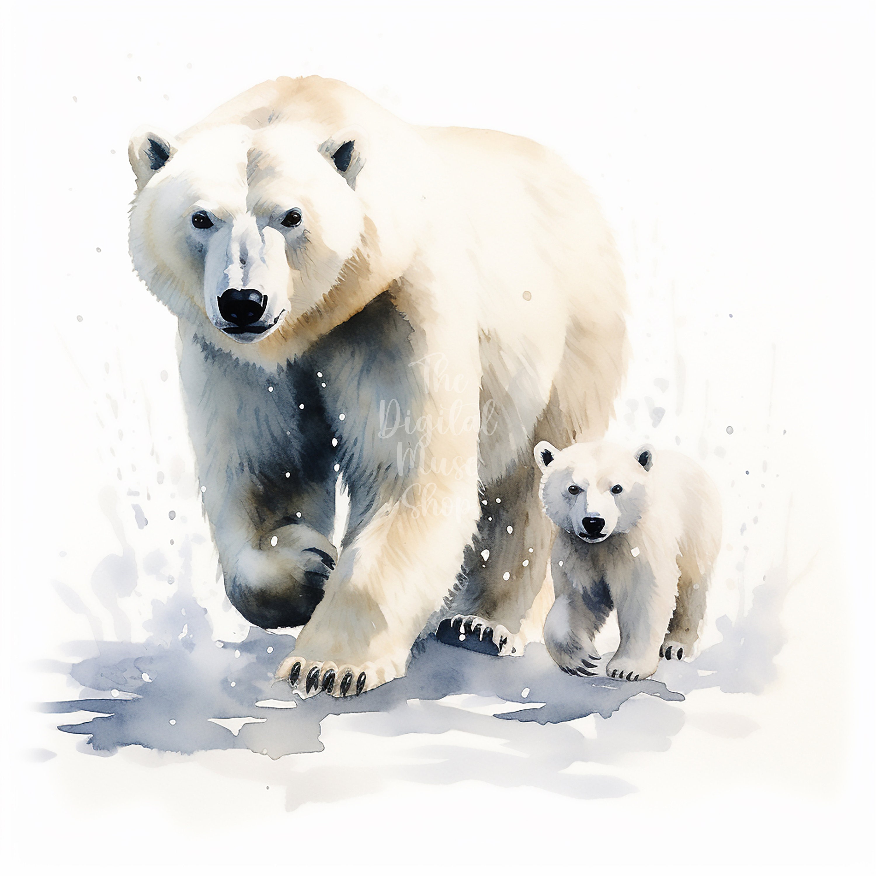 Polar Bear and Cub Clipart, 12 High Quality Jpgs, Watercolor Clipart ...