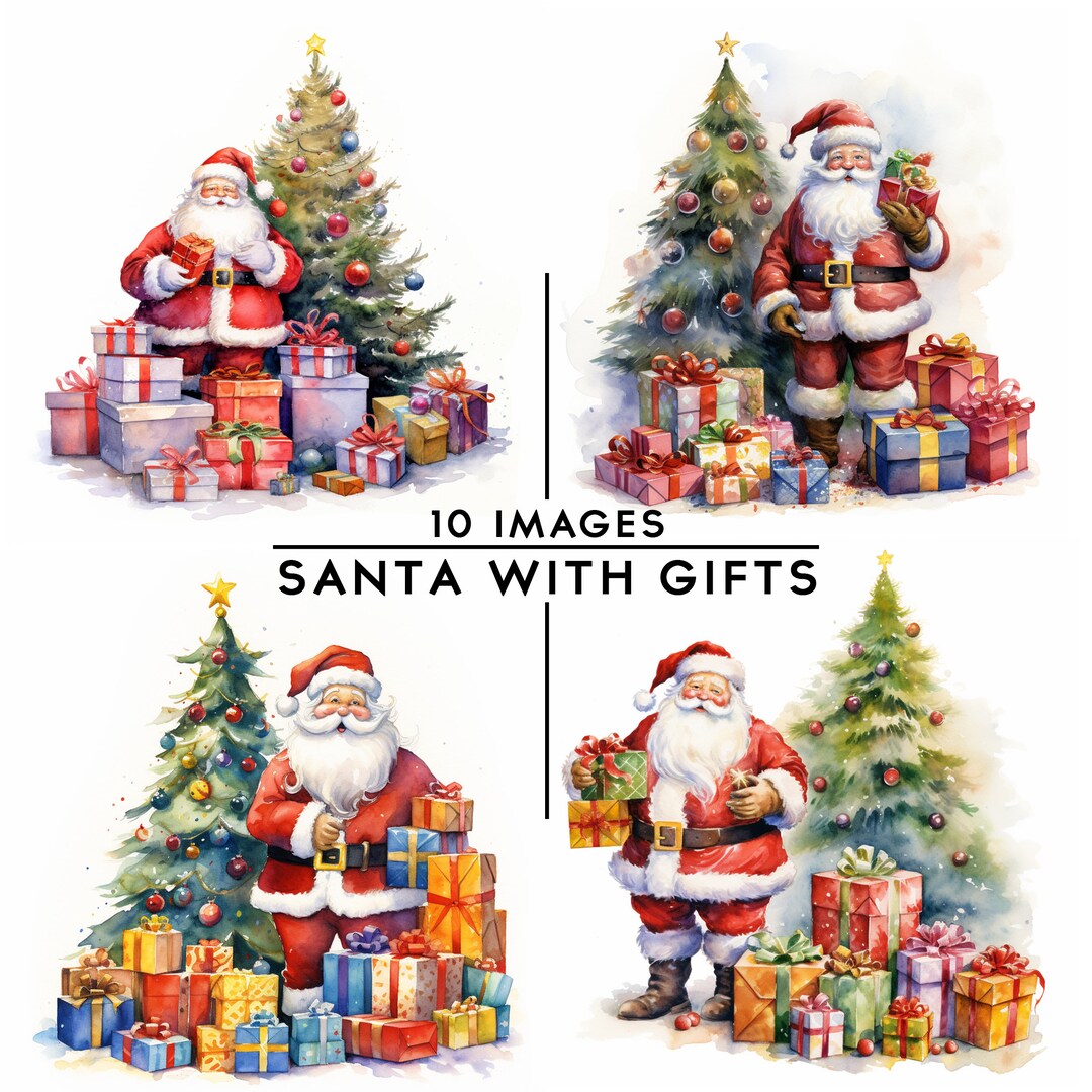 Santa Claus With Gifts Clipart, Christmas Cards Christmas Gifts Digital ...