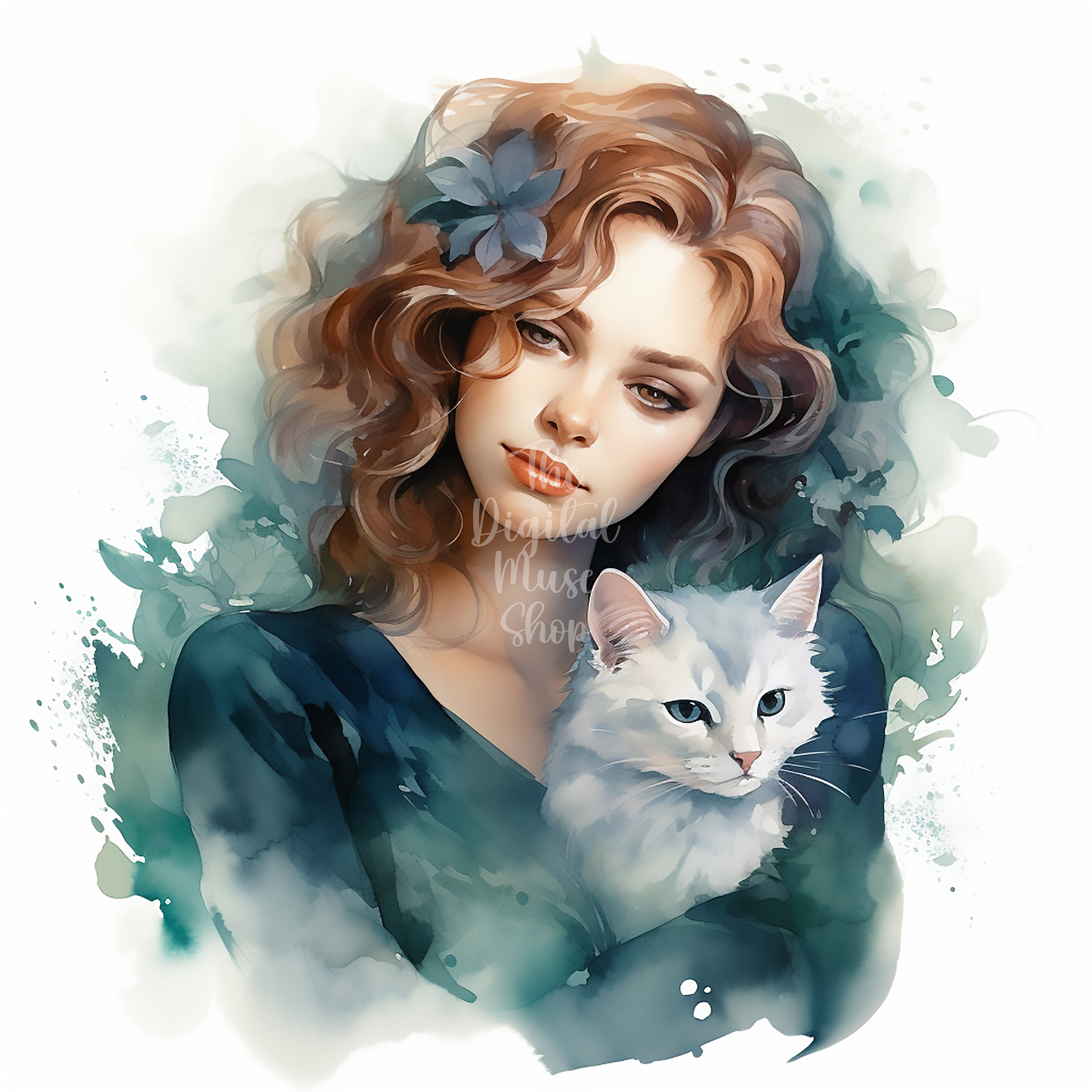 Watercolor Girl With Cat Clipart Digital Download Cat Clip Art - Etsy
