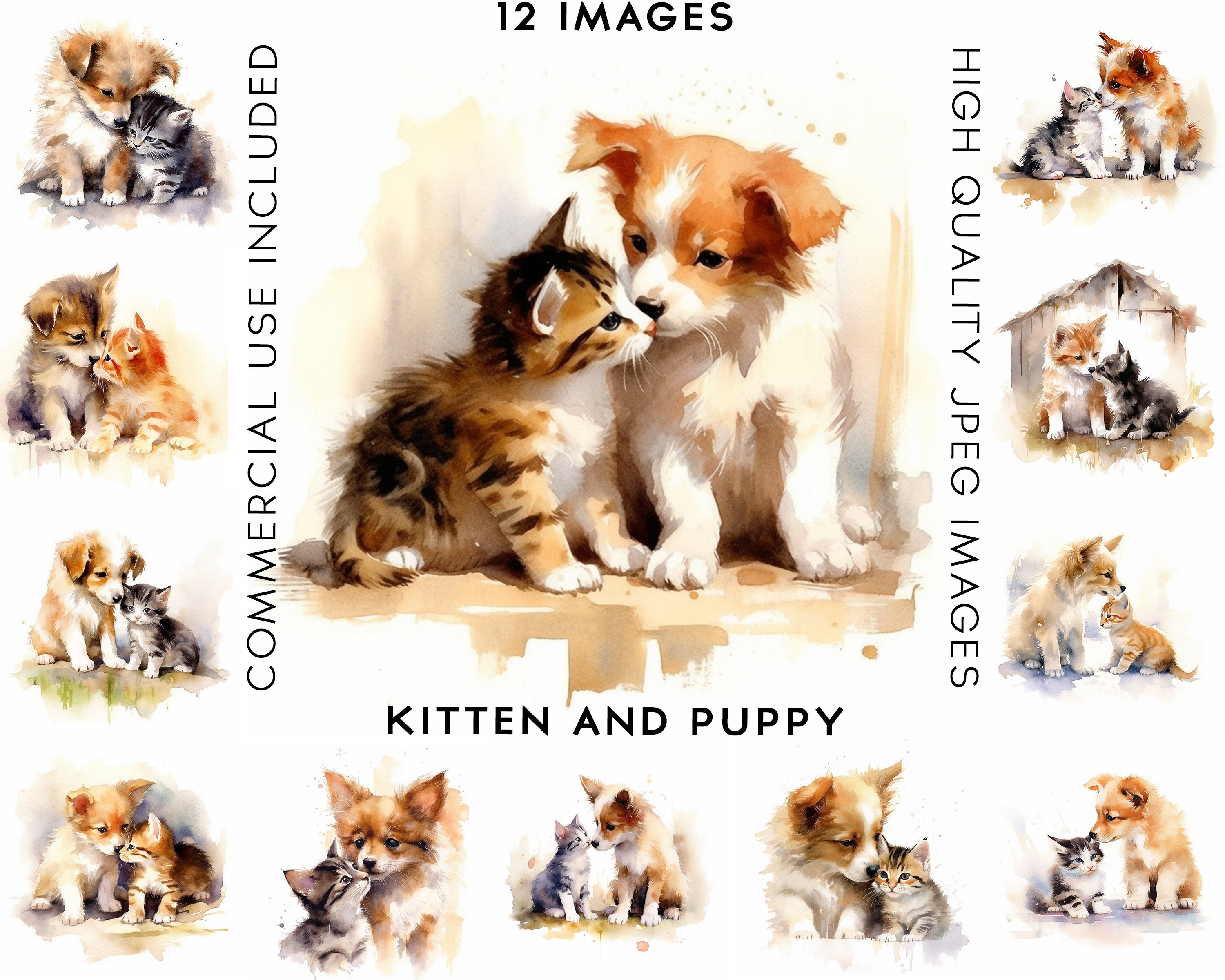 Kitten and Puppy Clipart 12 High Quality Jpgs Watercolor - Etsy
