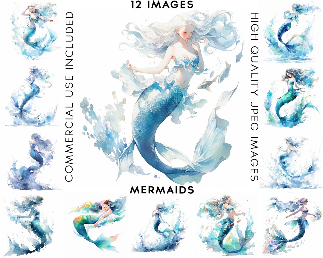 Mermaids Clipart, 12 High Quality Jpgs, Watercolor Clipart , Digital ...