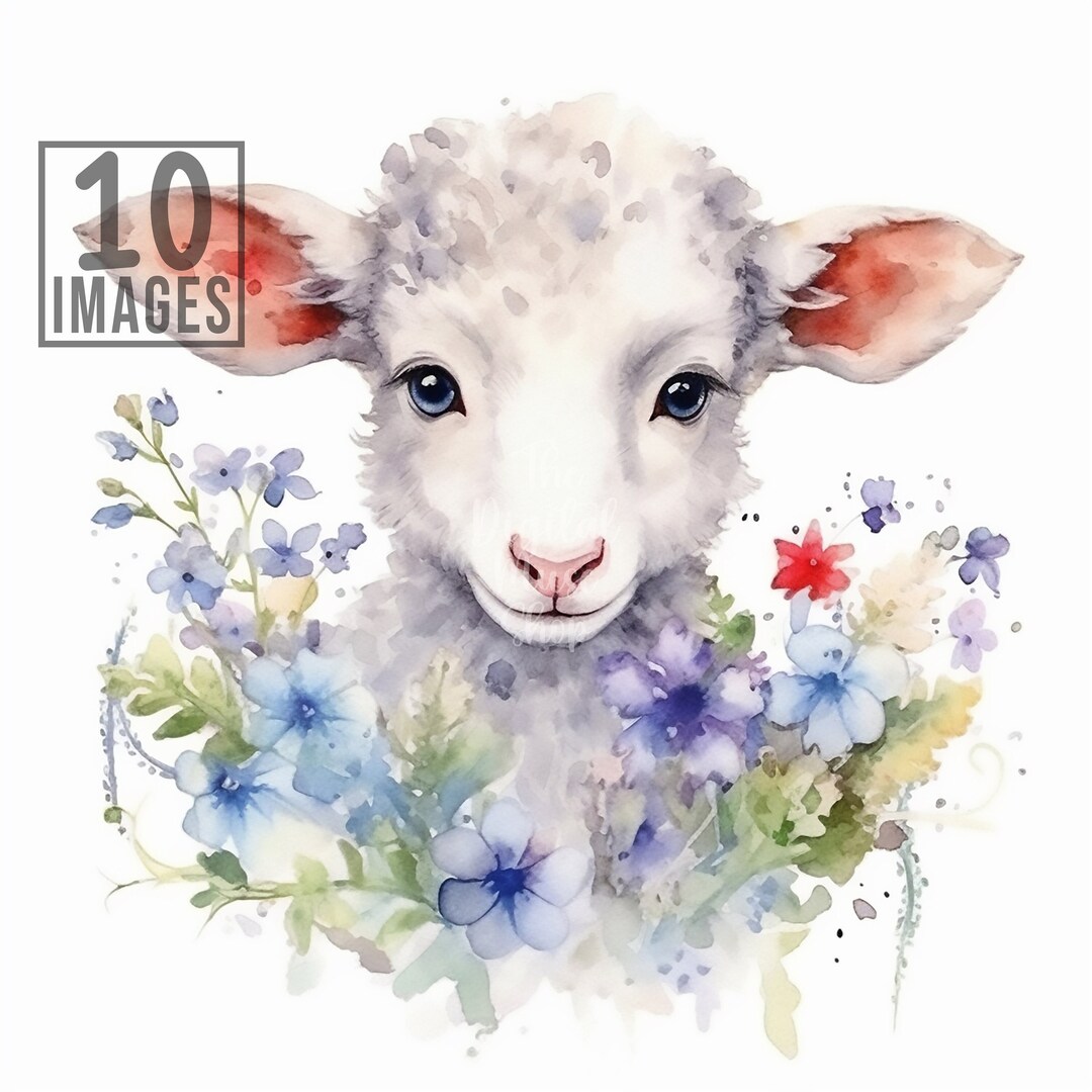 Lamb With Flowers Clipart, 10 High Quality Jpgs, Watercolor Clipart ...