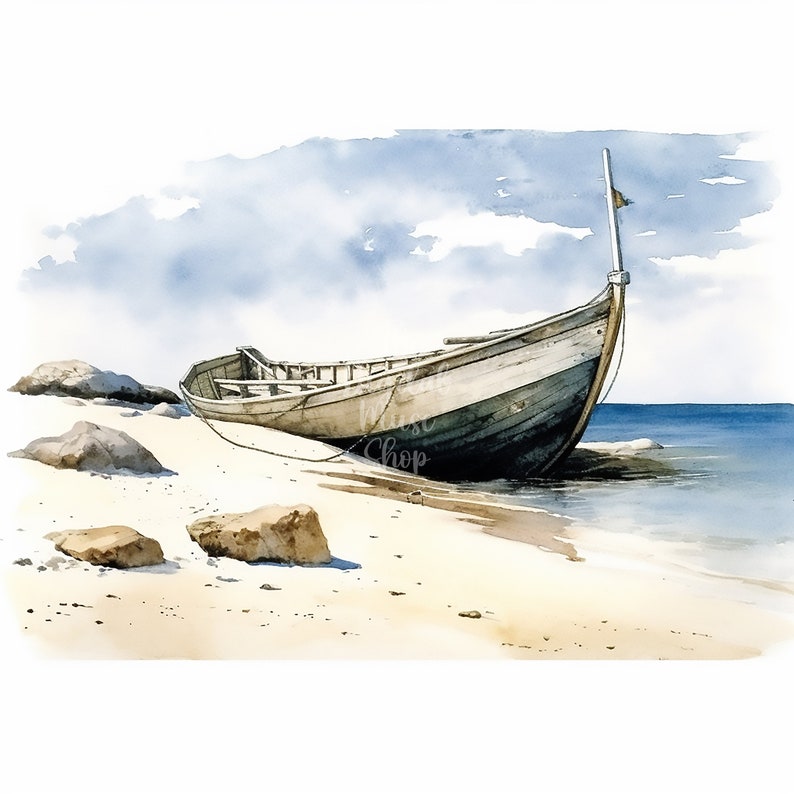 Boats on the Shore, 12 High Quality Jpgs, Watercolor Clipart, Clip Art ...
