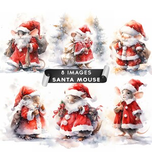 Santa Claus Mouse Clipart, Christmas Clipart Watercolor Clipart Digital ...