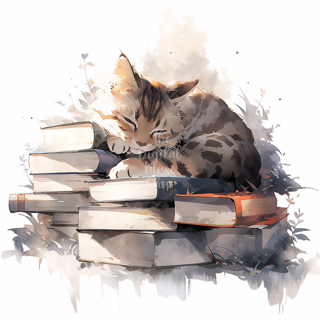 Cat Sleeping on Books Clipart, 12 High Quality Jpgs , Watercolor ...