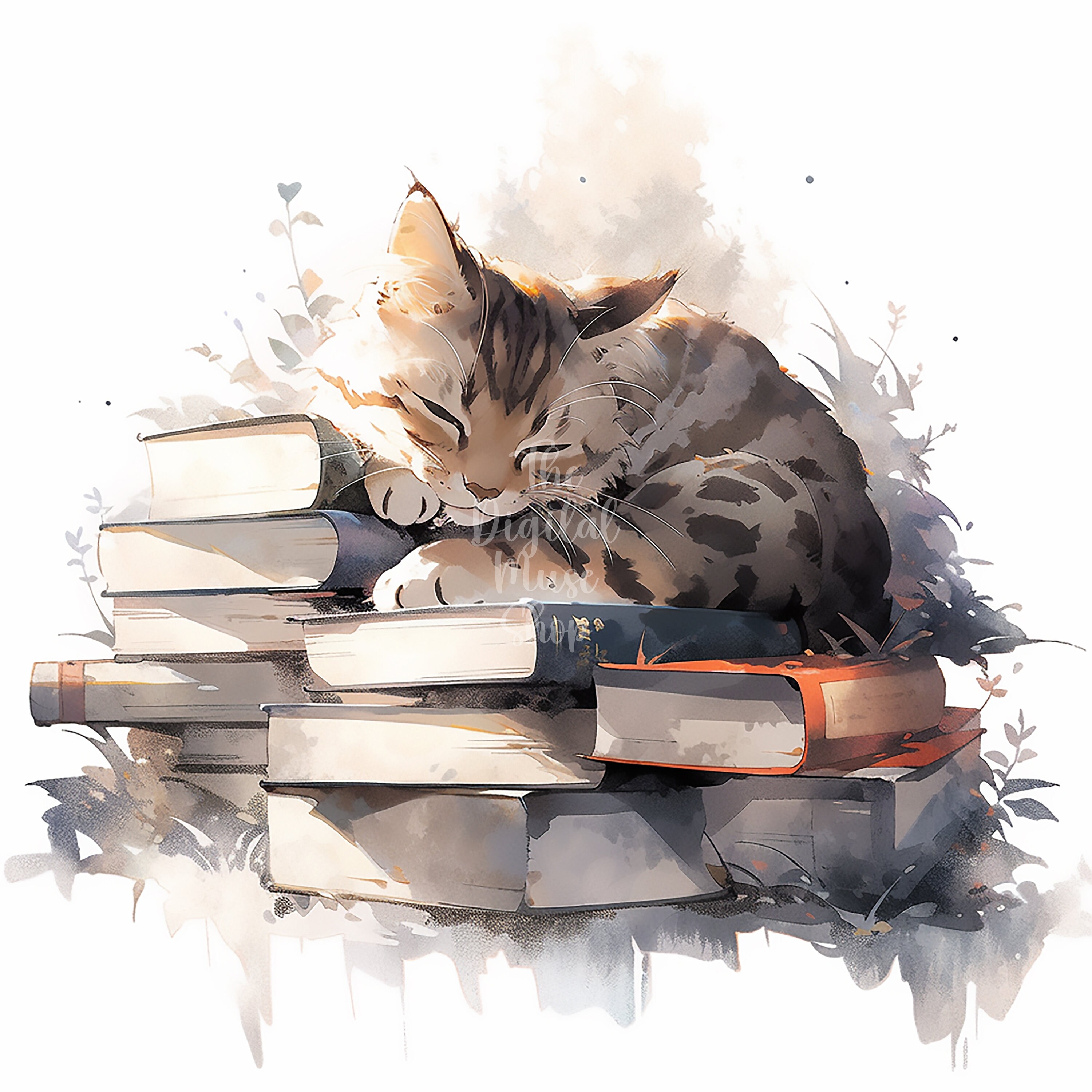 Cat Sleeping on Books Clipart, 12 High Quality Jpgs , Watercolor ...
