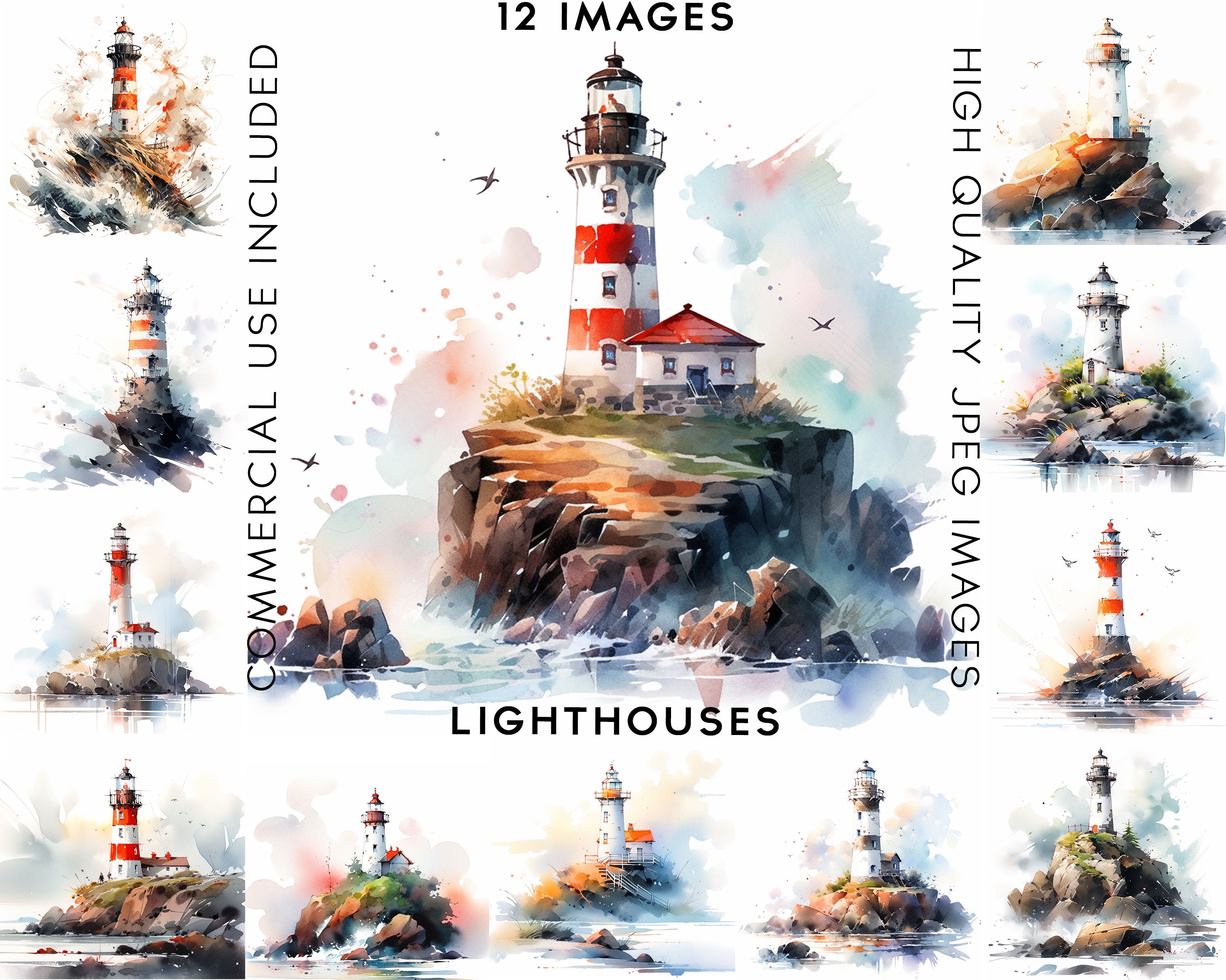Watercolor Lighthouses Clipart, Scrapbook, Junk Journal, Lighthouse ...