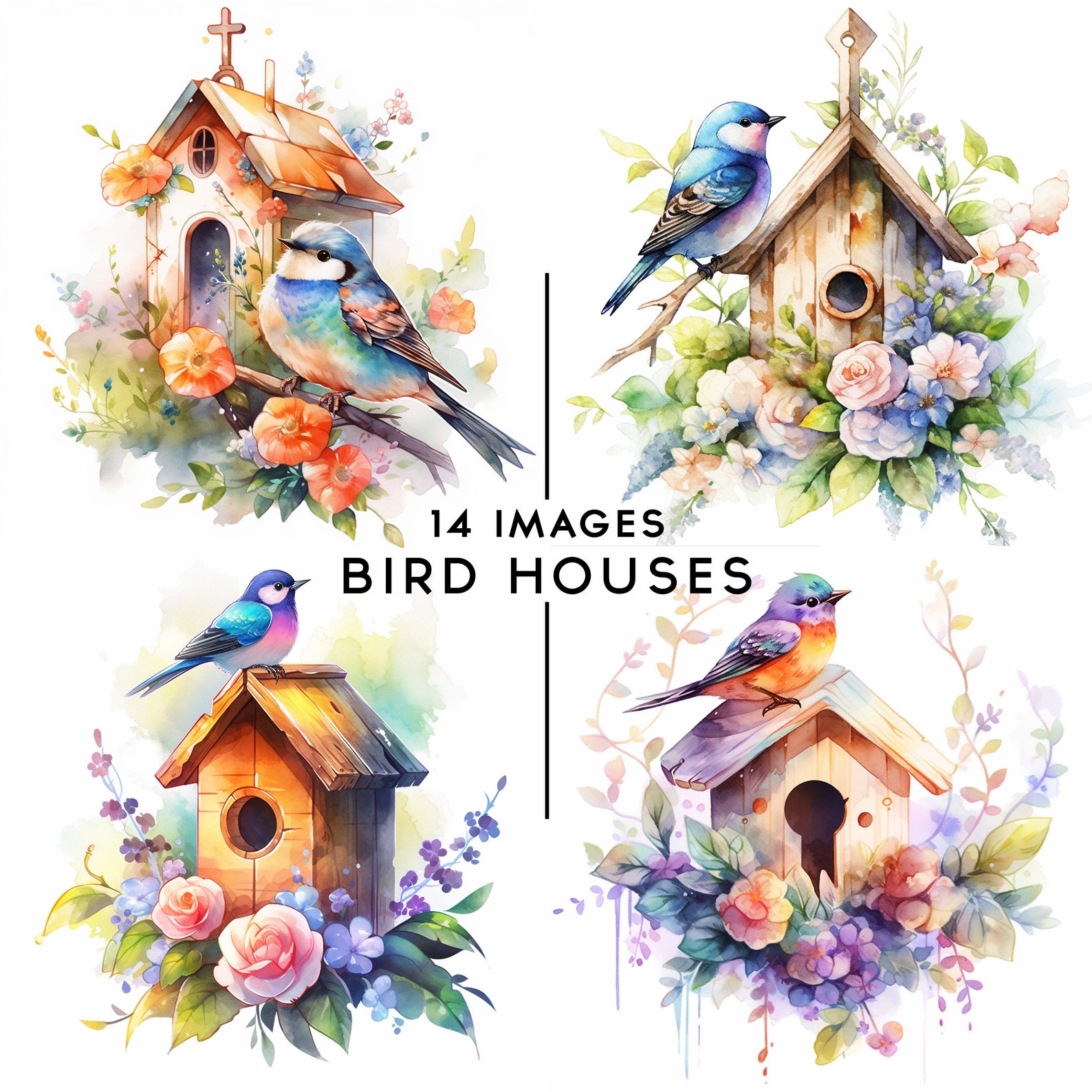 Bird House Clipart, 14 High Quality Jpgs Watercolor Clipart Birds ...