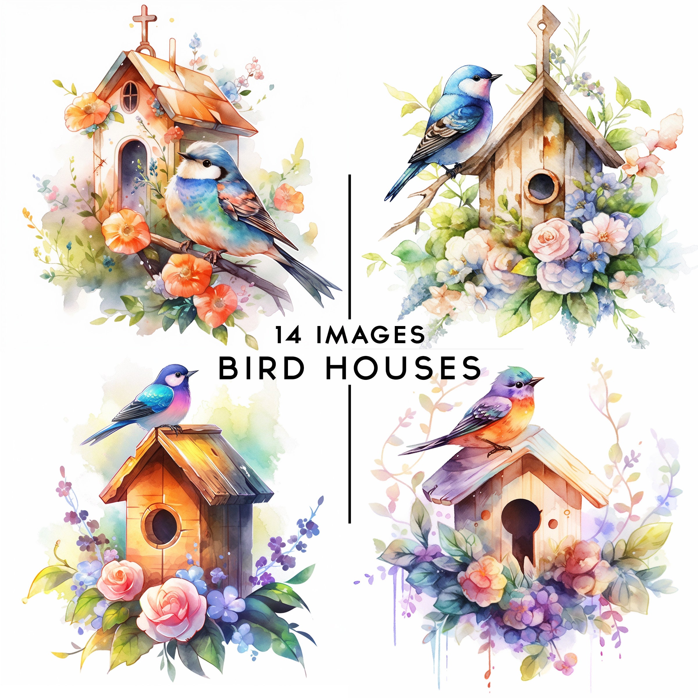Bird House Clipart, 14 High Quality Jpgs Watercolor Clipart Birds ...