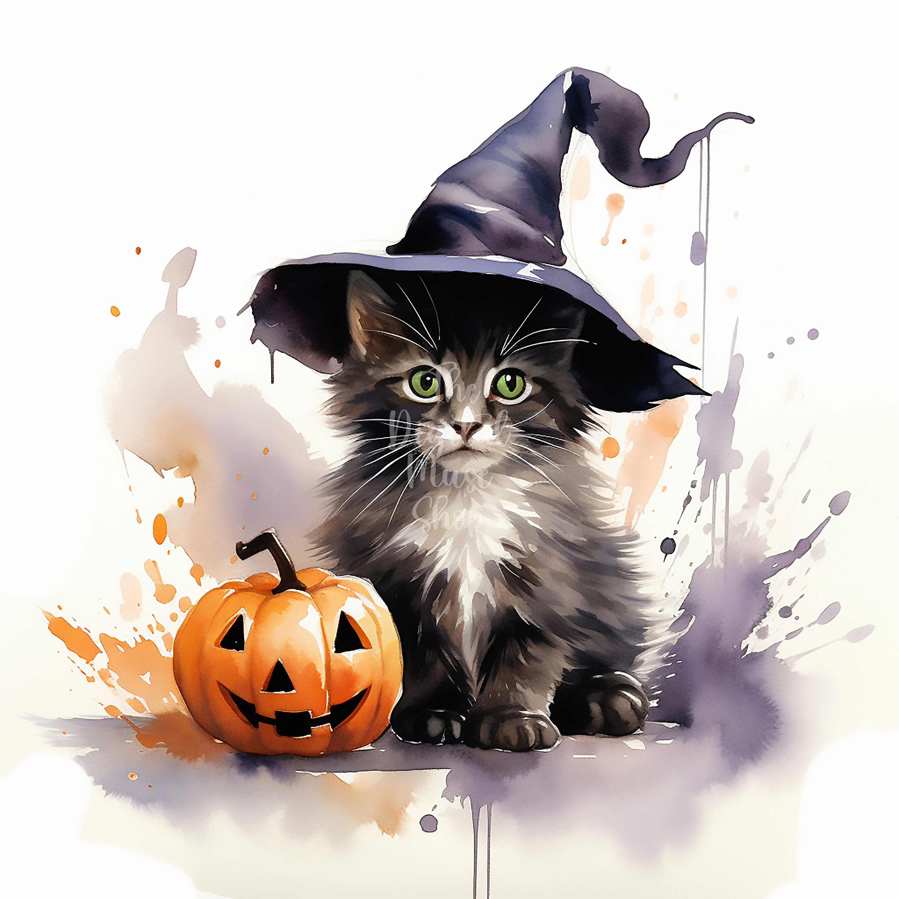 Halloween Witch Cat Clipart 12 High Quality Jpgs Watercolor - Etsy