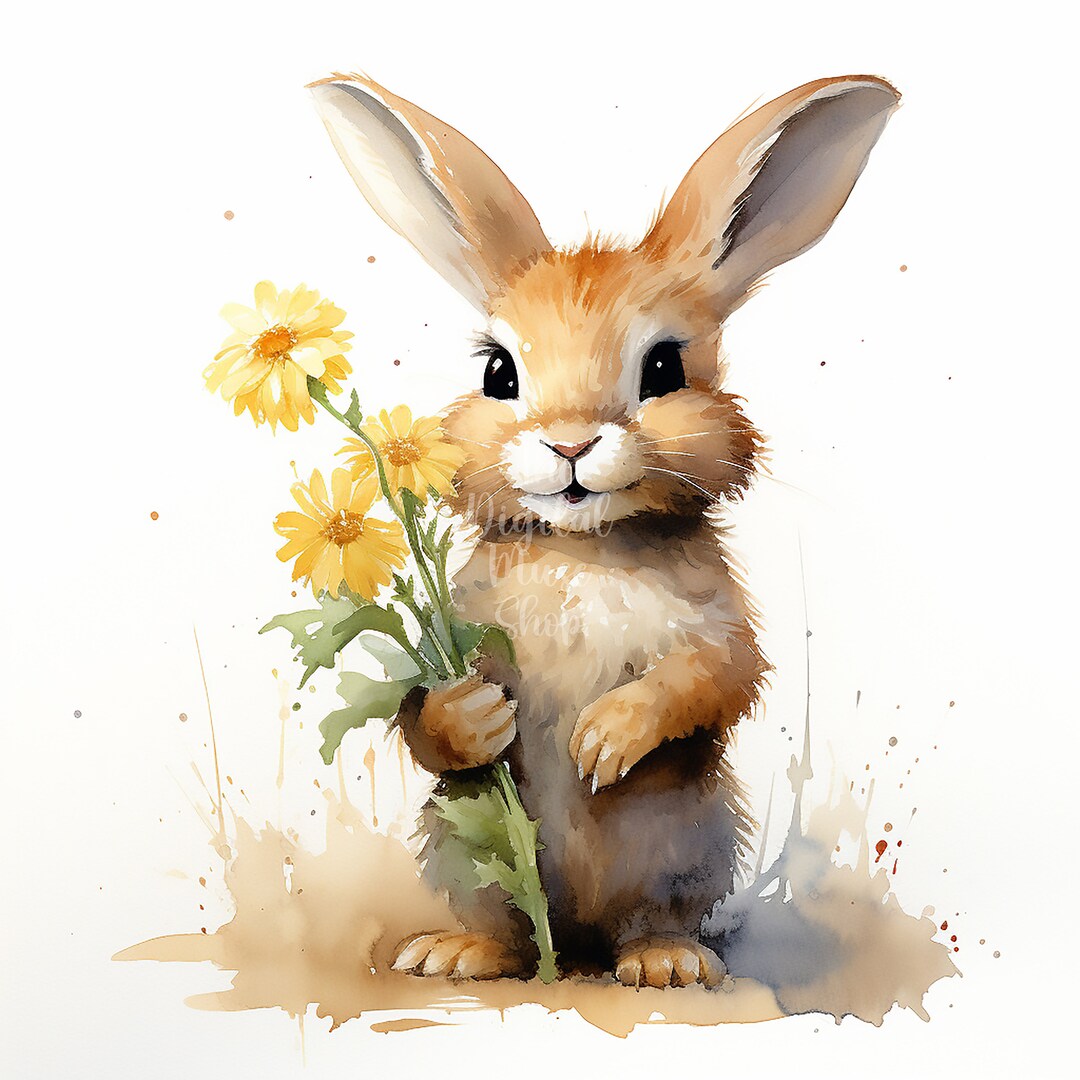 Watercolor Rabbit With Flower Clipart 11 High Quality Jpgs Watercolor ...