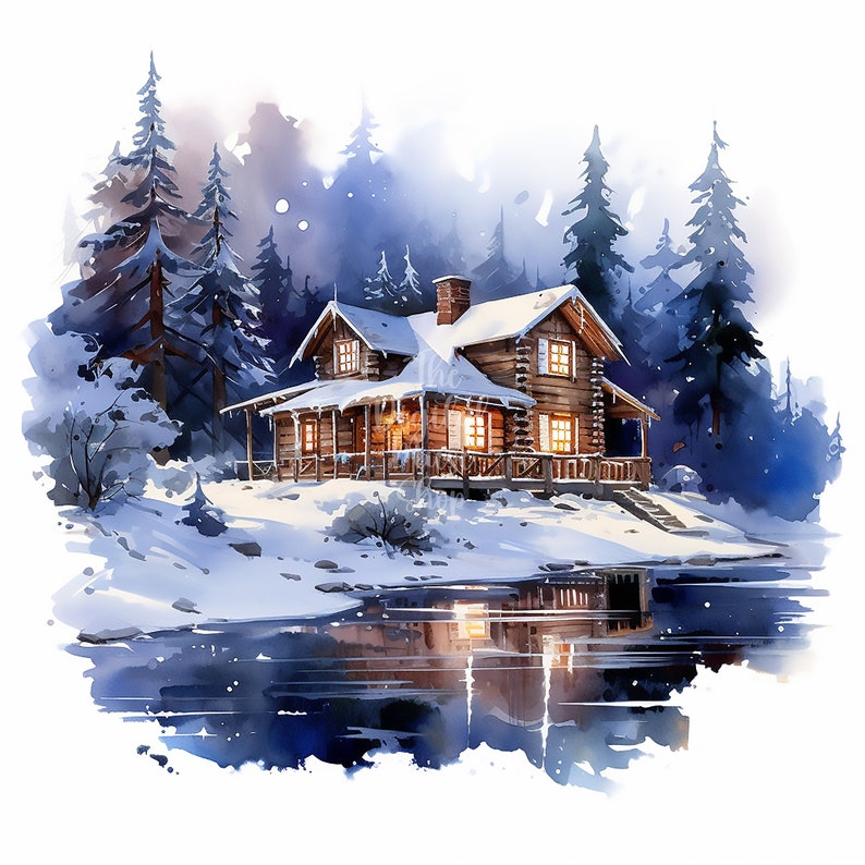 Watercolor Snowy Log Cabin Clipart Winter Clipart Snowy Night Clipart ...
