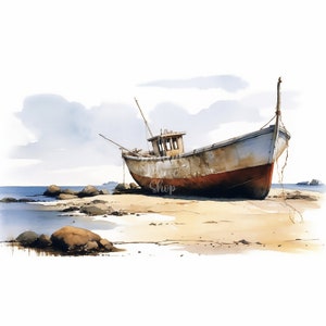 Boats on the Shore, 12 High Quality Jpgs, Watercolor Clipart, Clip Art ...