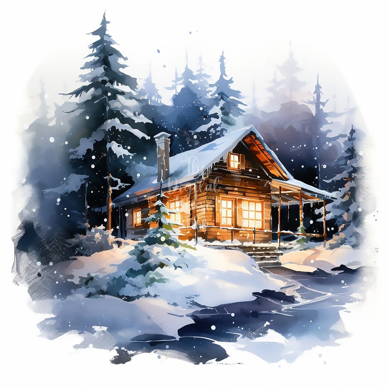 Watercolor Snowy Log Cabin Clipart Winter Clipart Snowy Night Clipart ...