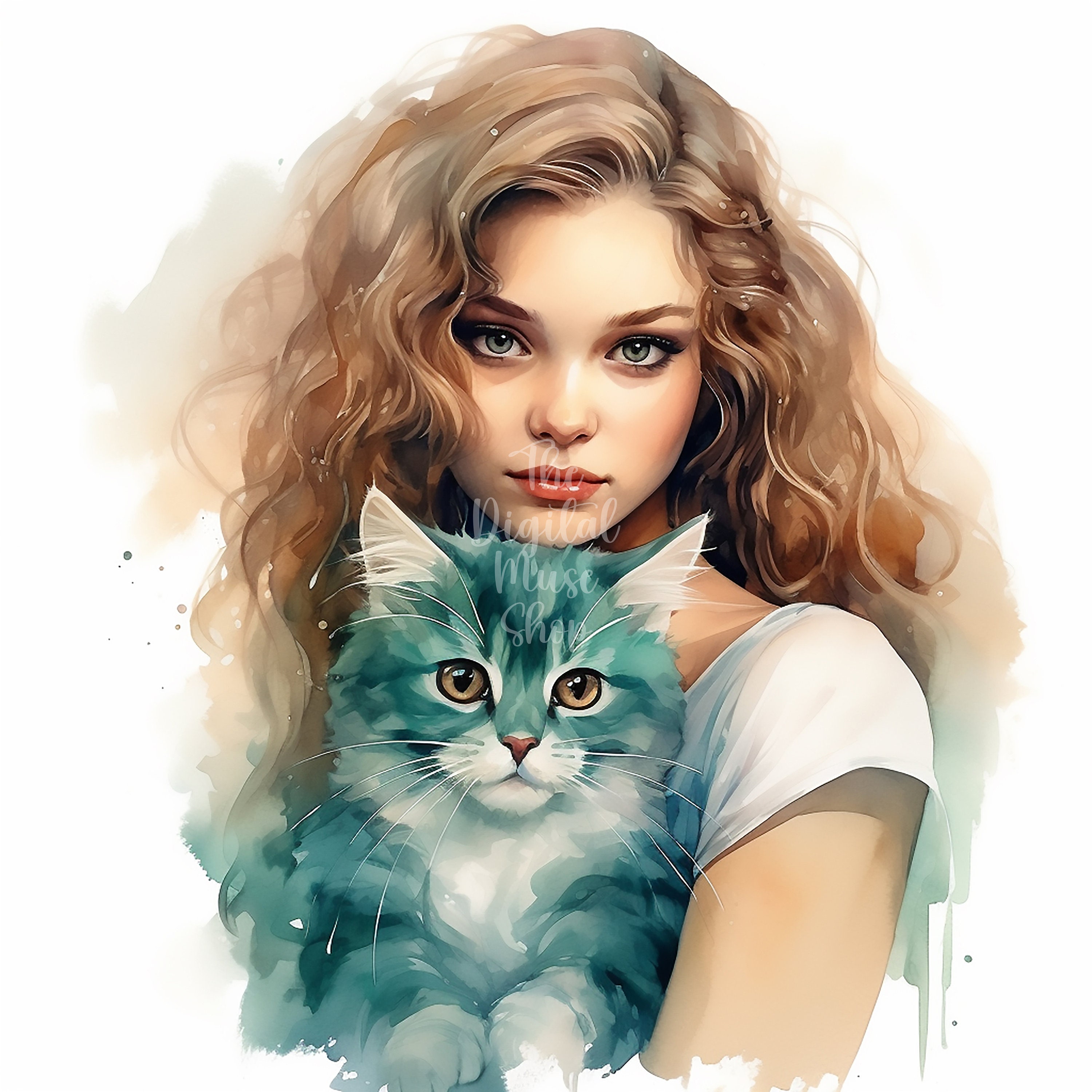 Watercolor Girl With Cat Clipart Digital Download Cat Clip Art Bundle ...
