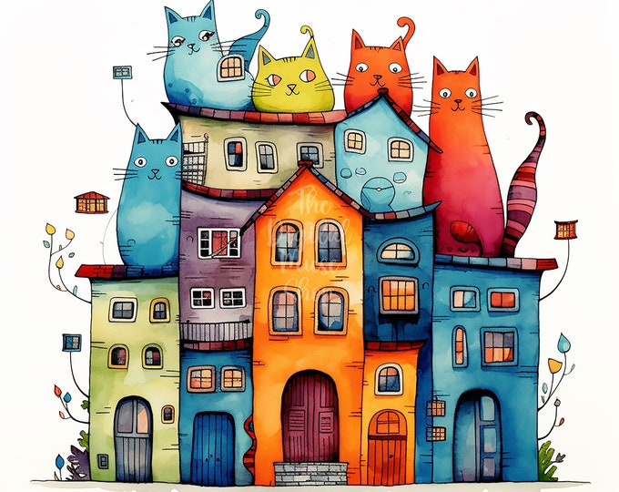 Whimsical Cat House Clipart Bundle • 10 Watercolor Jpgs • Junk ...