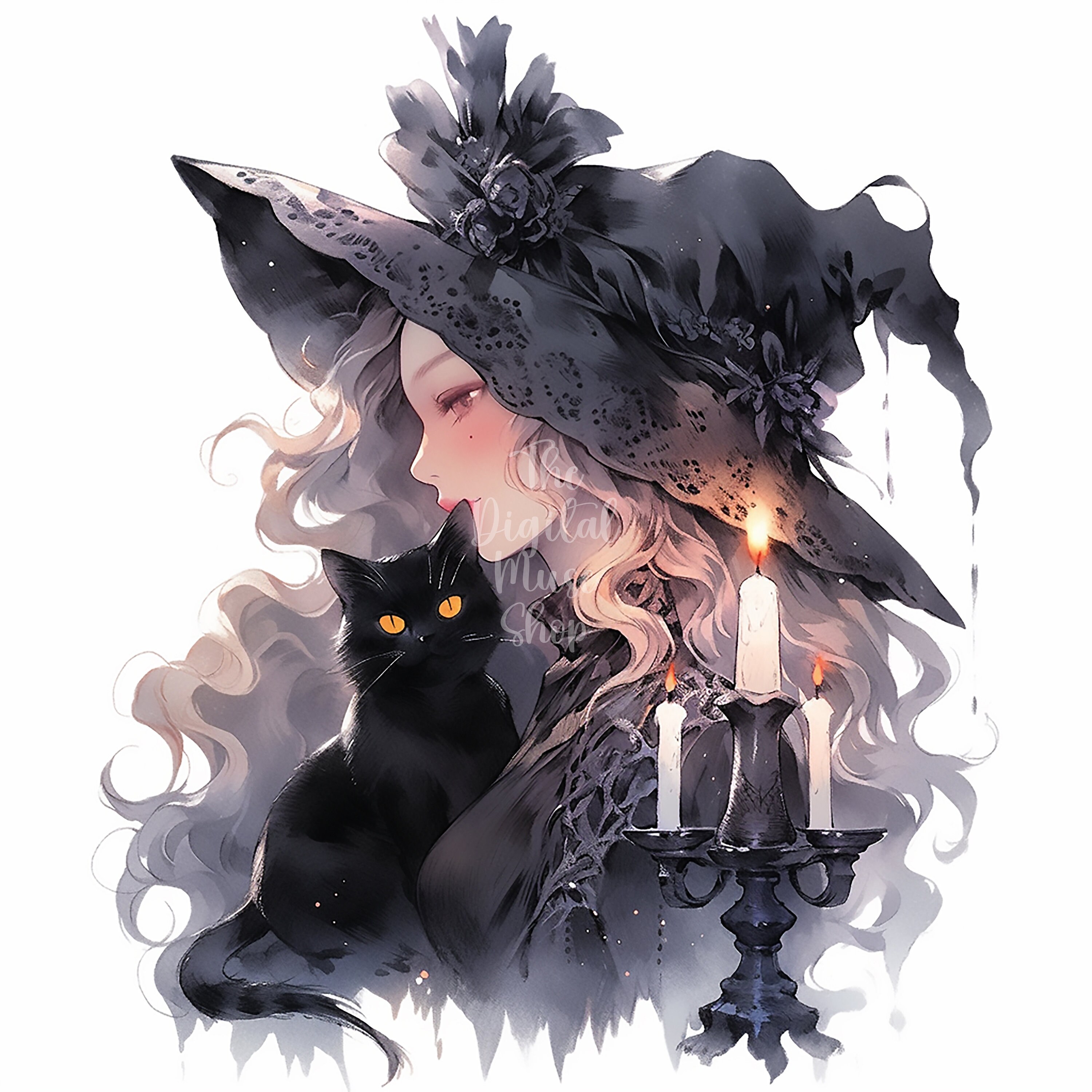 Witch Clipart Black Cat Clipart Watercolor Halloween Clipart - Etsy